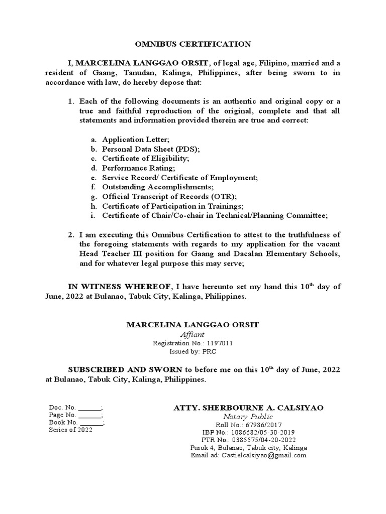 Omnibus Certification Sample | PDF