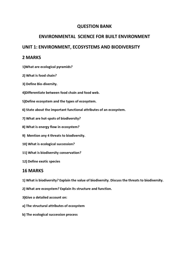 Question Bank-Evs | PDF | Sustainability | Biodiversity