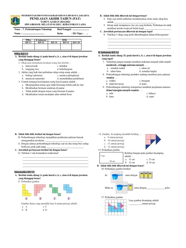 Penilaian Akhir Tahun Kelas 3 | PDF