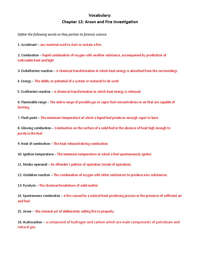 Vocabulary: Chapter 12: Arson and Fire Investigation: Define The ...