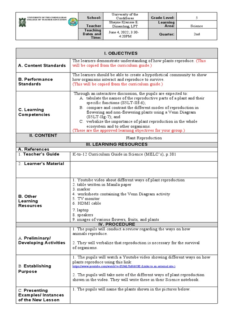Class 5 Lesson Plan: Plant Reproduction | PDF | Sexual Reproduction ...