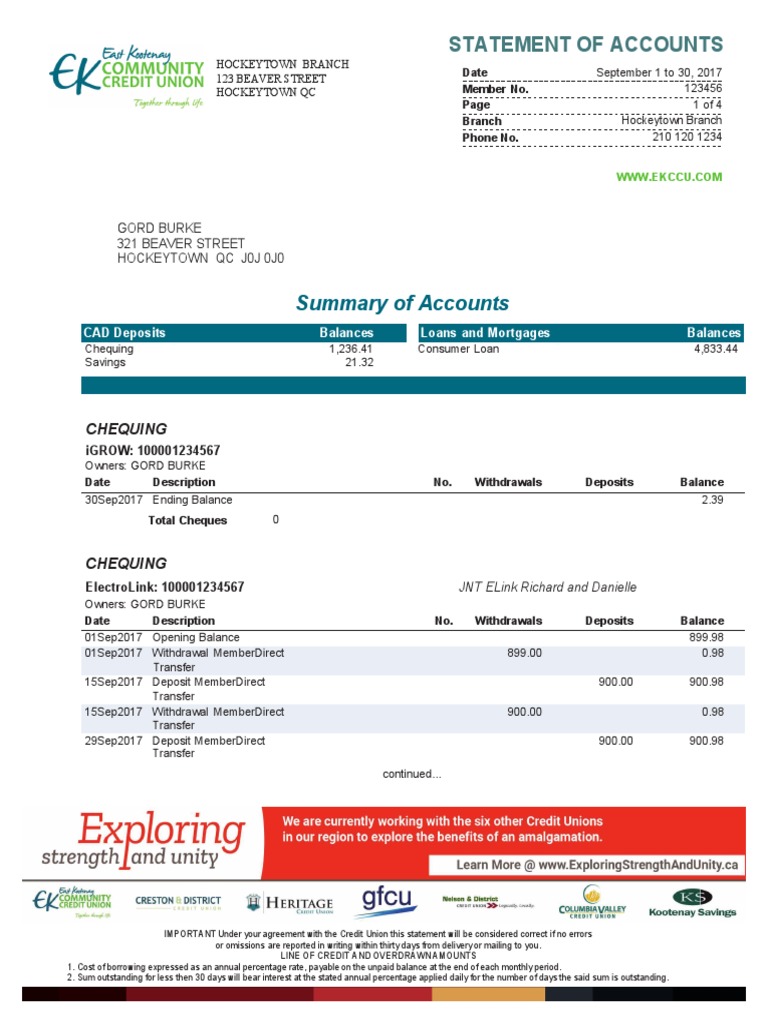 East Kootenay Credit Union Sample | PDF | Overdraft | Line Of Credit