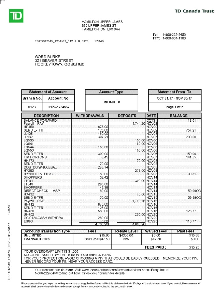 TD Bank Statement | PDF