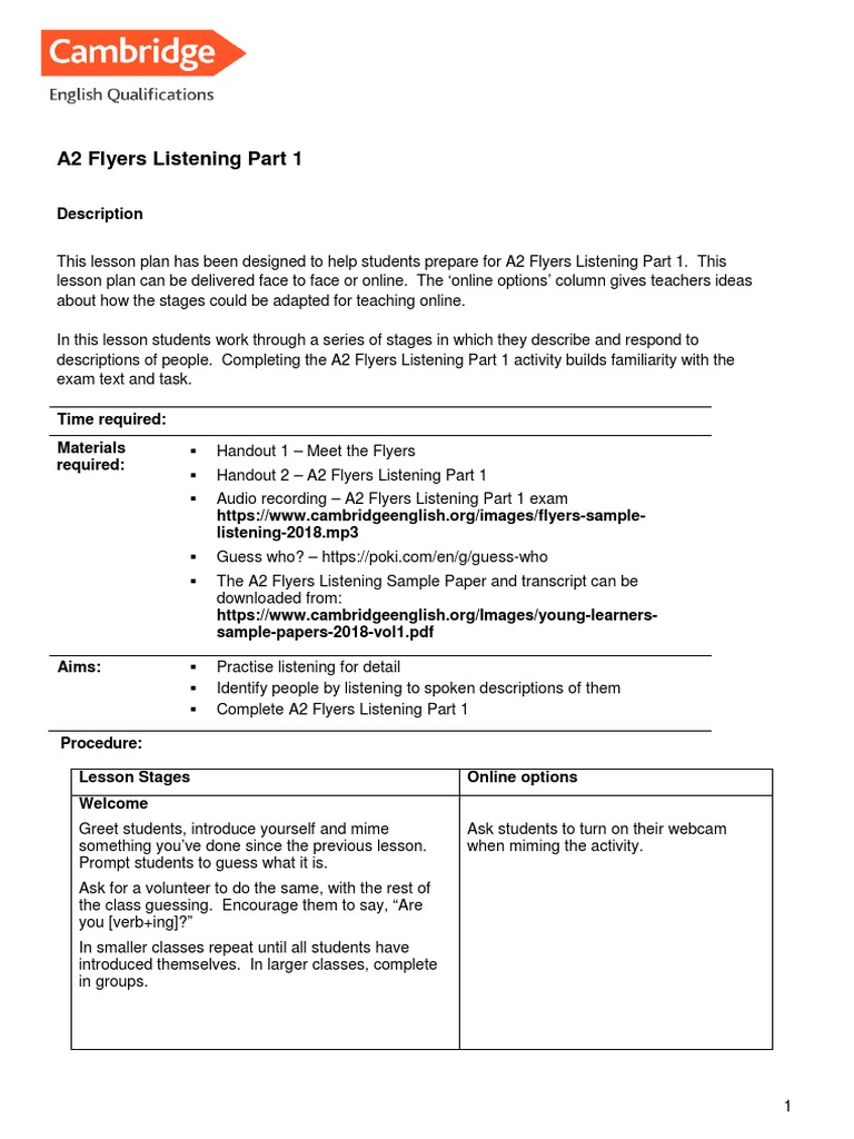A2 Flyers Listening Part 1 | PDF | Lesson Plan
