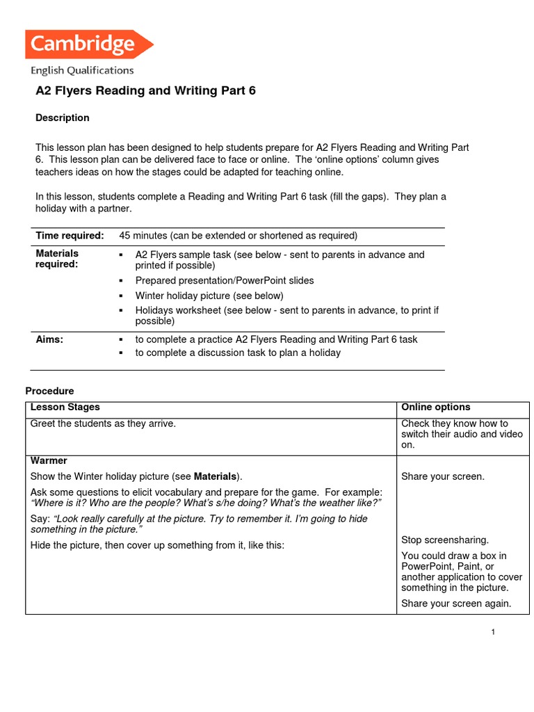 A2 Flyers Reading & Writing Lesson 6 | PDF | Literacy | Microsoft Power ...