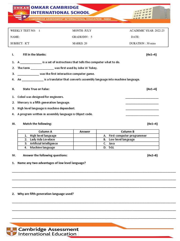 Grade 5 ICT Weekly Test | PDF | Assembly Language | Computer Programming