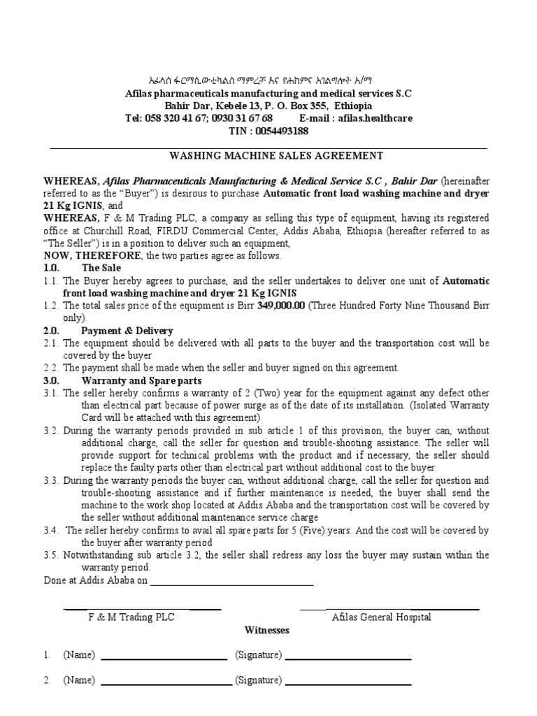 Afilas Washing Machine Sales Agreement | PDF