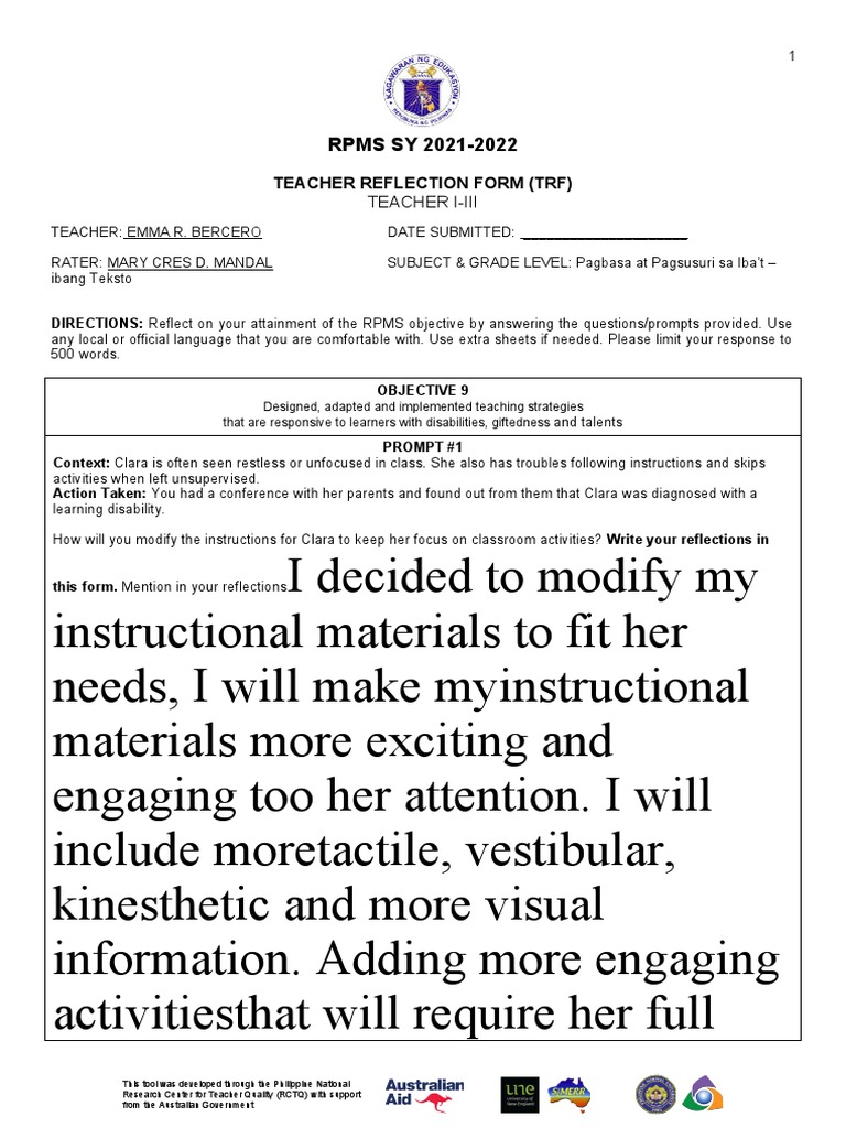RPMS SY 2021-2022: Teacher Reflection Form (TRF) | PDF | Learning Disability | Classroom