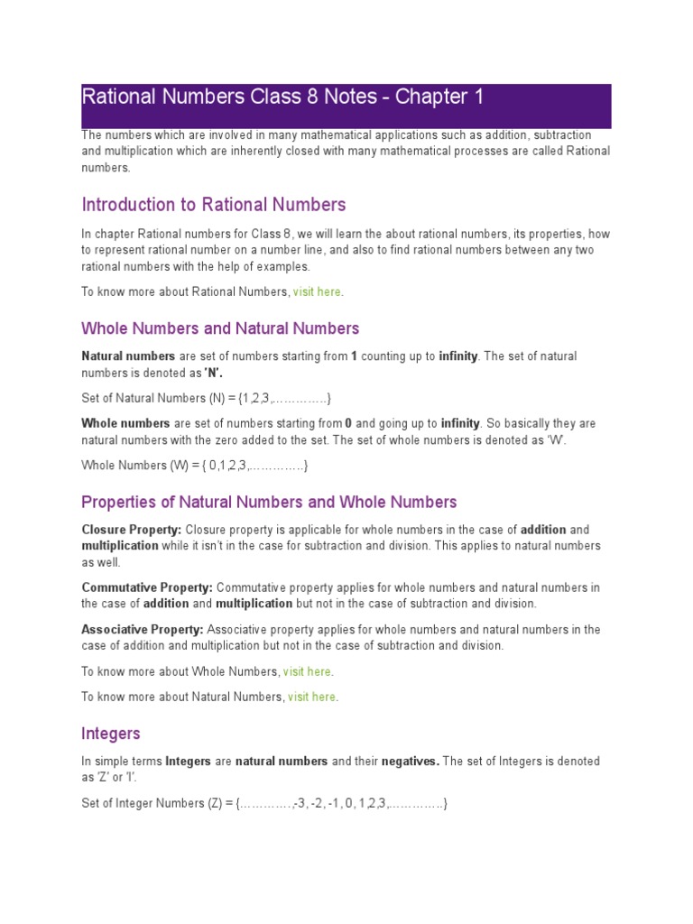 Rational Numbers Class 8 Notes Chapter 1 | PDF | Integer | Numbers