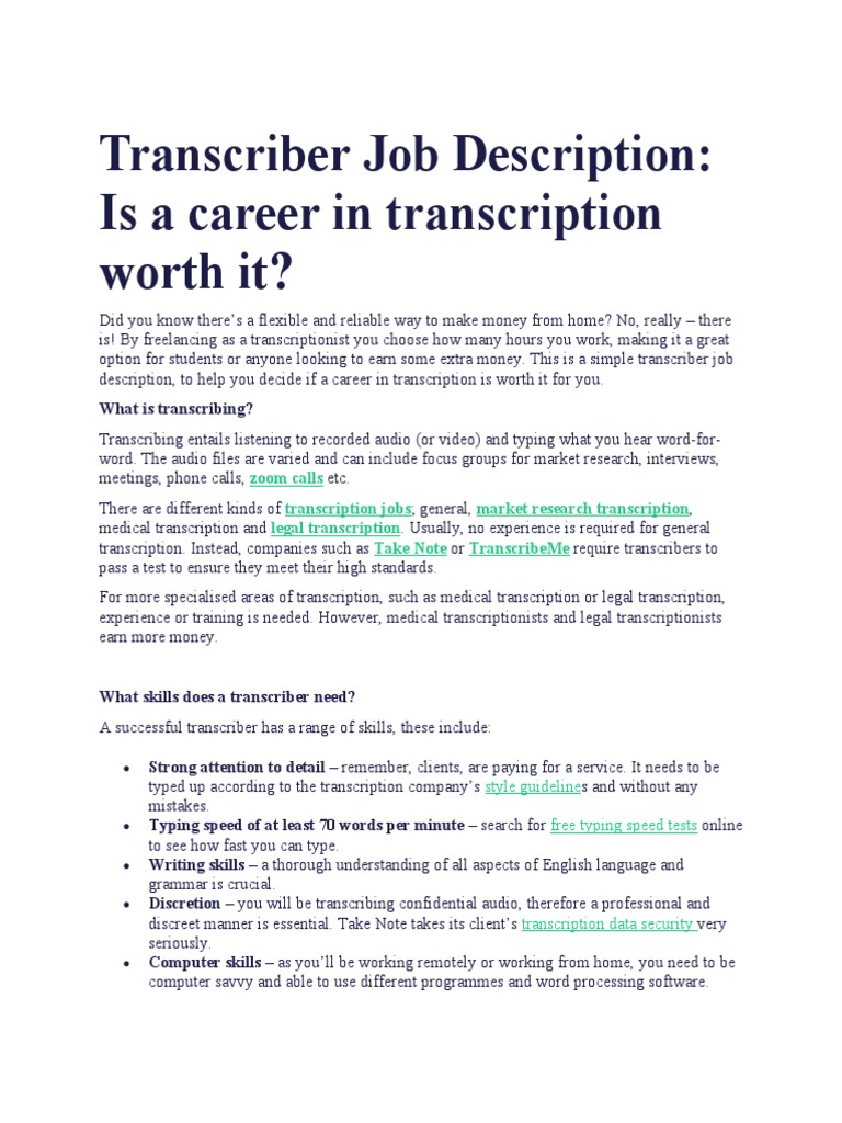 Transcriber Job Description | PDF | Cognitive Science | Cognition