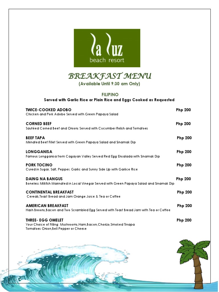 Breakfast Menu: (Available Until 9:30 Am Only) Filipino | PDF | Sauce ...