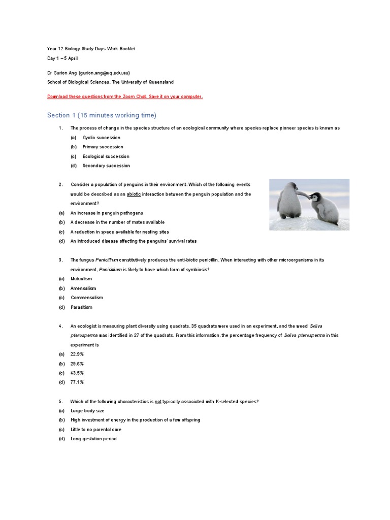 Biology Study Day 1 Questions | PDF | Ecology | Biodiversity