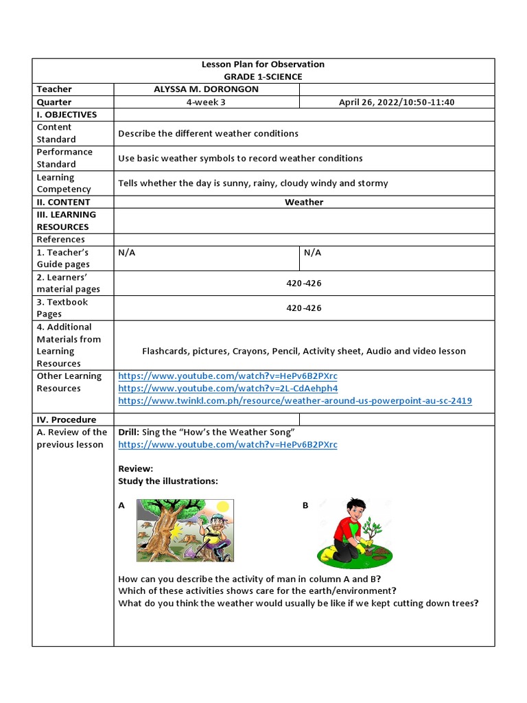 Lesson Plan For Observation Grade 1-Science Teacher Alyssa M. Dorongon ...
