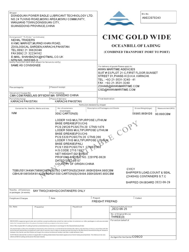 A9022070243 HBL | PDF | Shipping Companies | Shipping