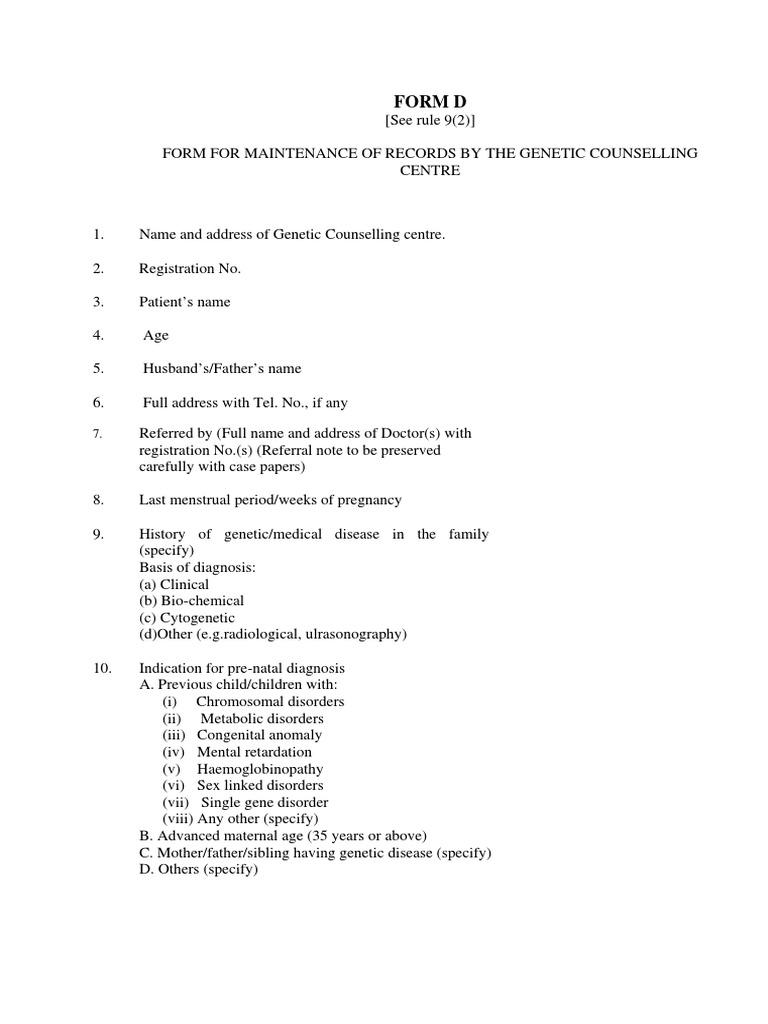 Form D | Download Free PDF | Genetic Disorder | Genetic Counseling