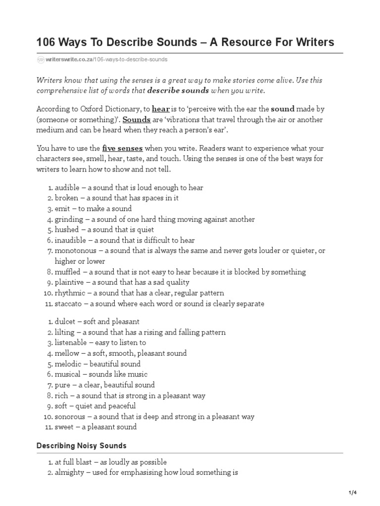 Ways To Describe Sounds A Resource For Writers | PDF | Sound | Senses