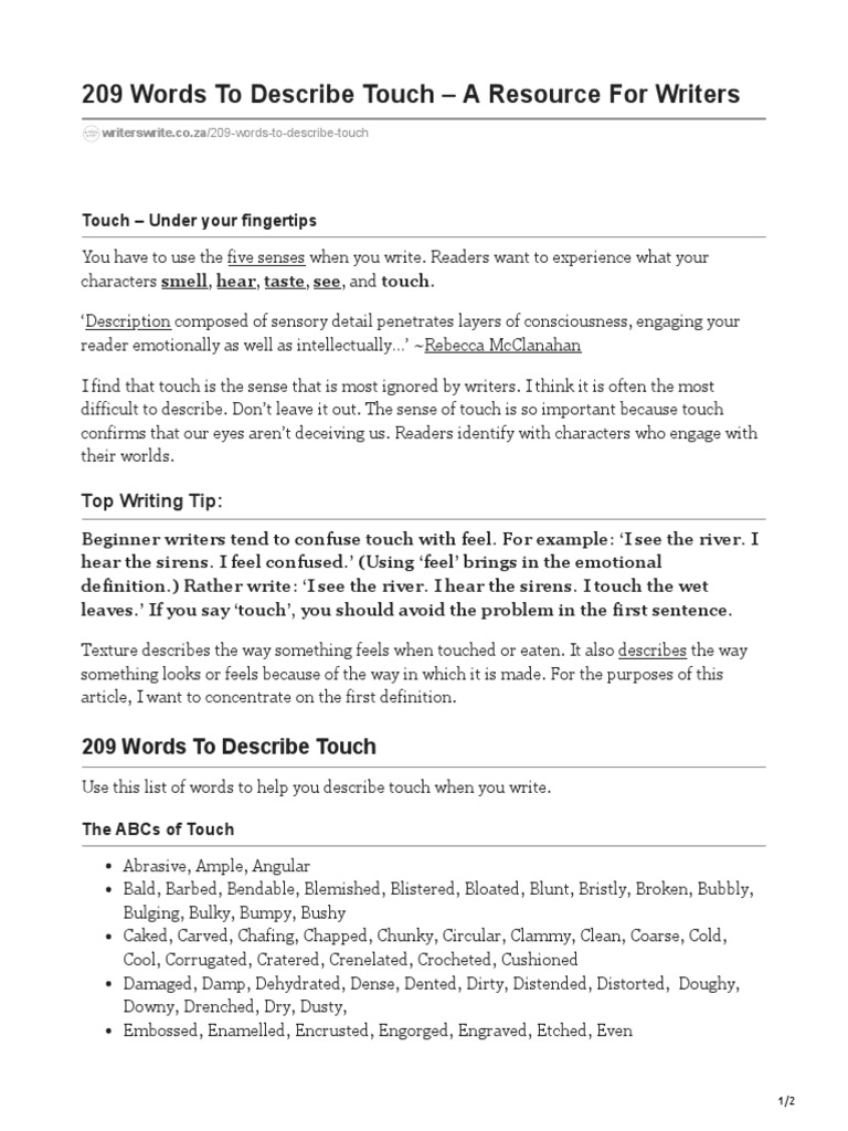 Ways To Describe Touch A Resource For Writers | PDF | Somatosensory ...