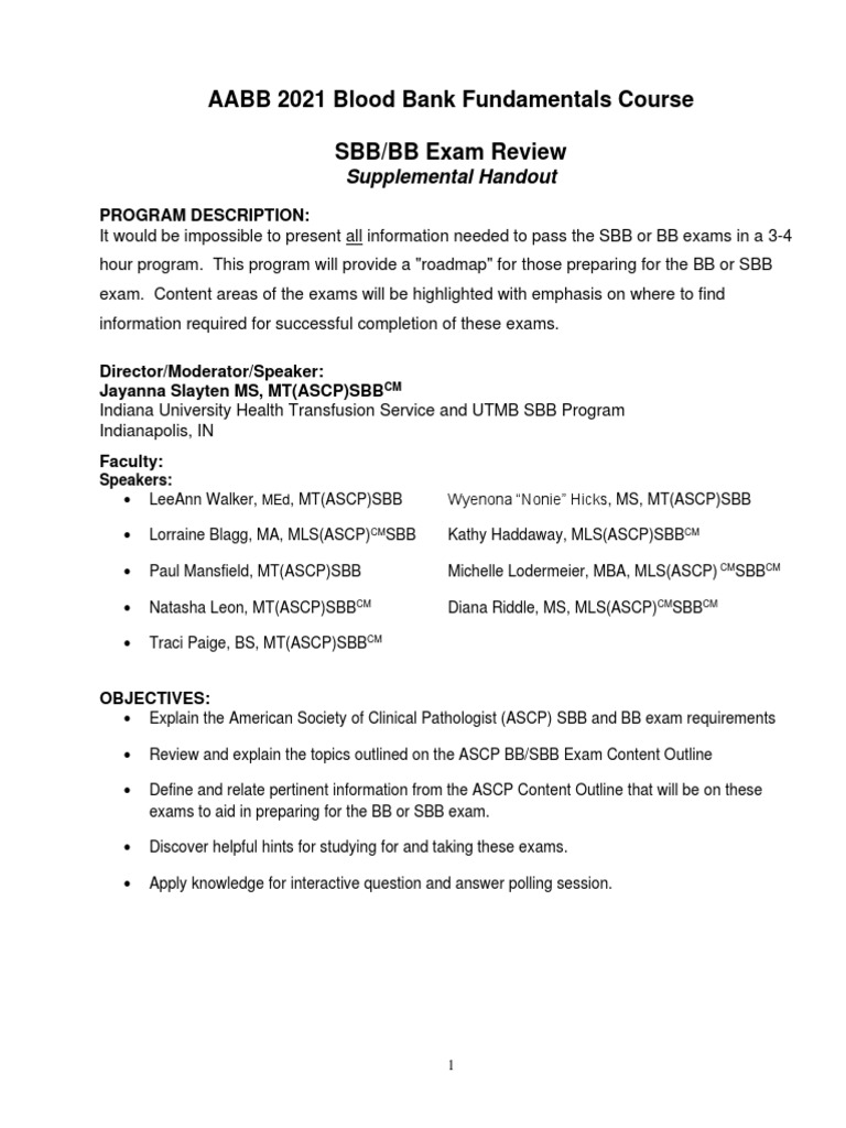 AABB 2021 Blood Bank Fundamentals Course SBB/BB Exam Review ...