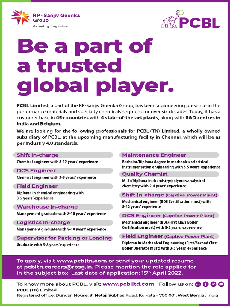 PCBL - Recruitment - Chennai | PDF