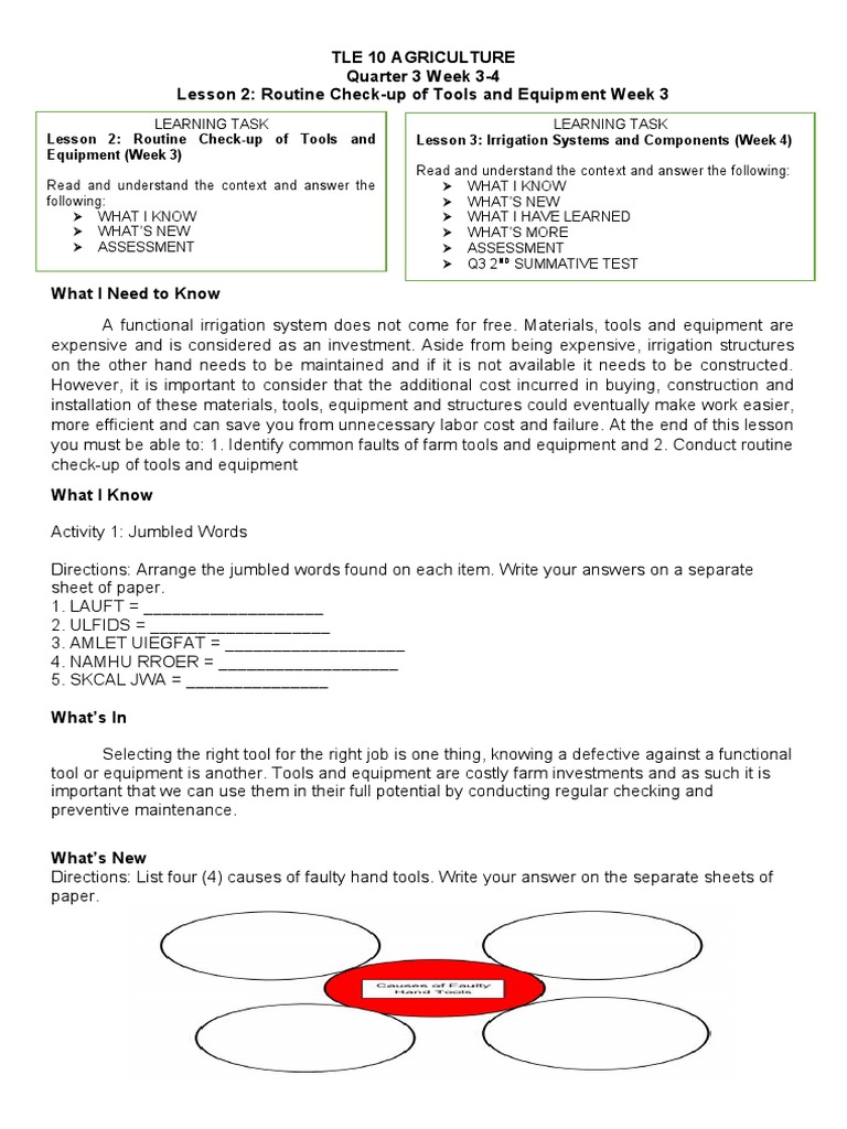 Tle 10 Agriculture Quarter 3 Week 3-4 Lesson 2: Routine Check-Up of ...