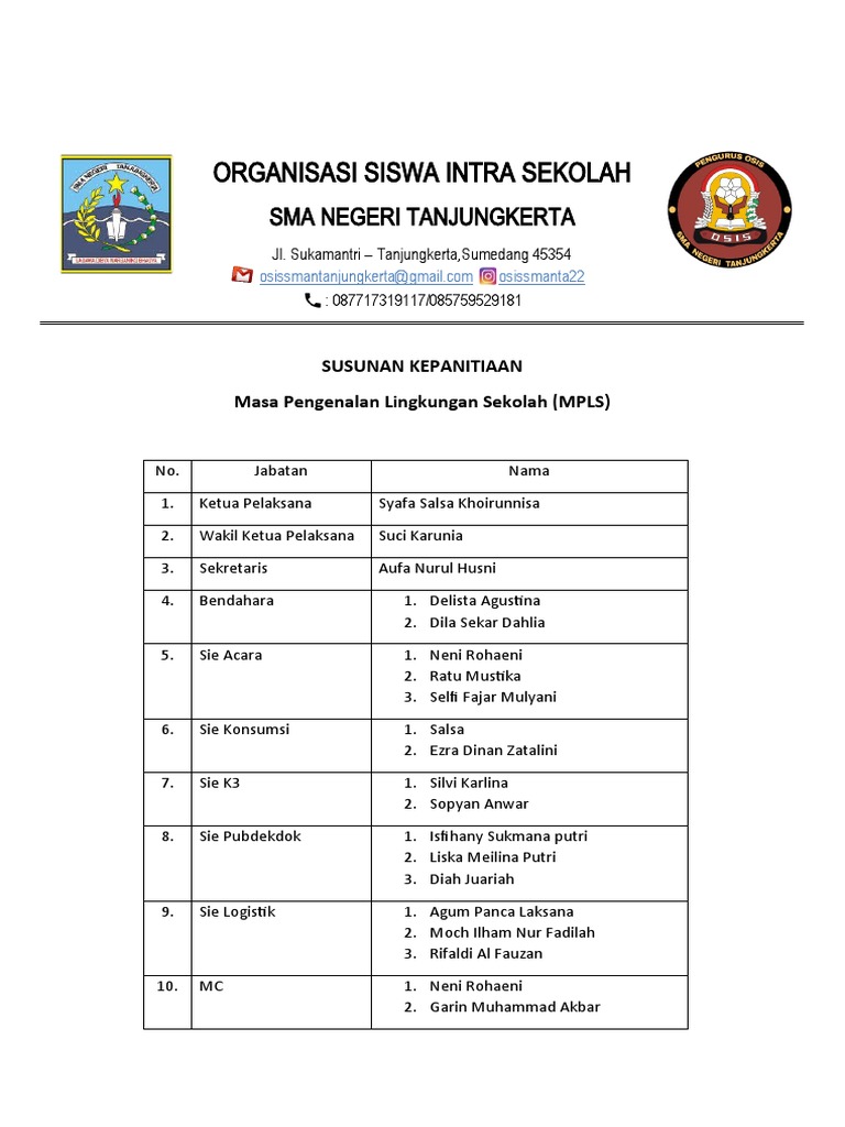 Susunan Kepanitiaan MPLS | PDF