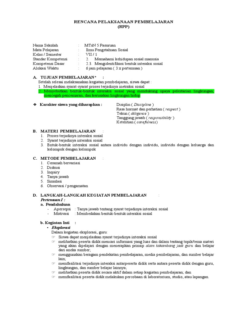 RPP Adiwiyata Ips Kelas Vii | PDF | Karier & Perkembangan