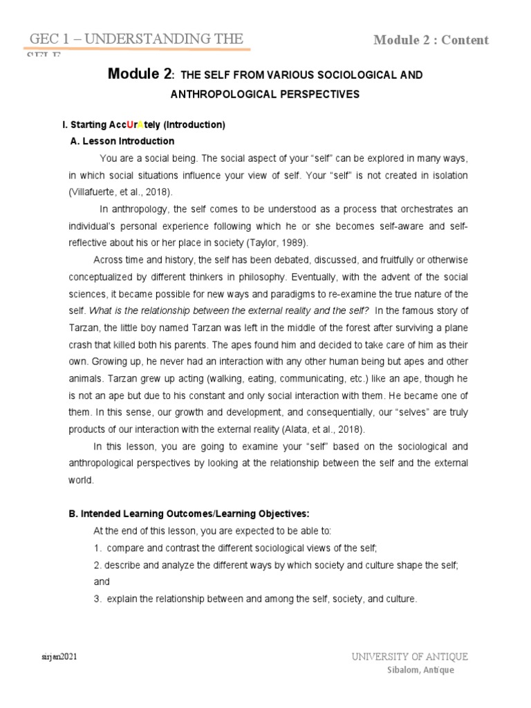 Gec 1 - Understanding The Self: Module 2: Content | PDF | Self | Self Concept