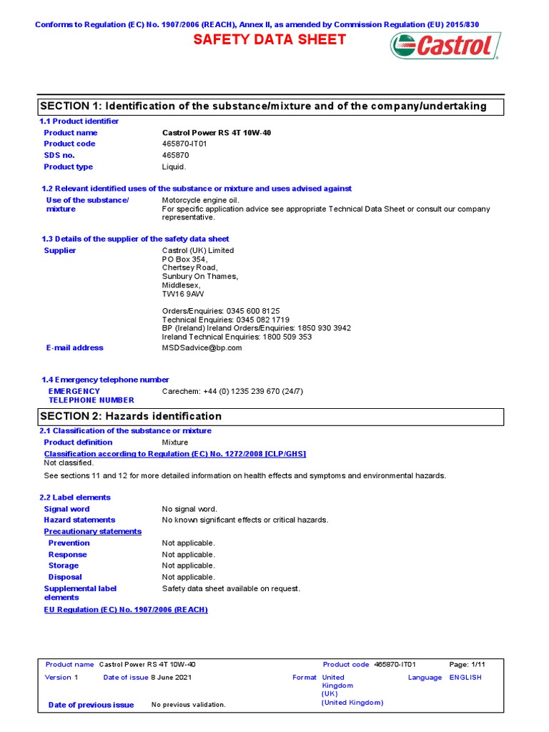 Castrol Power RS 4T 10W-40 Safety Data Sheet | PDF | Personal ...