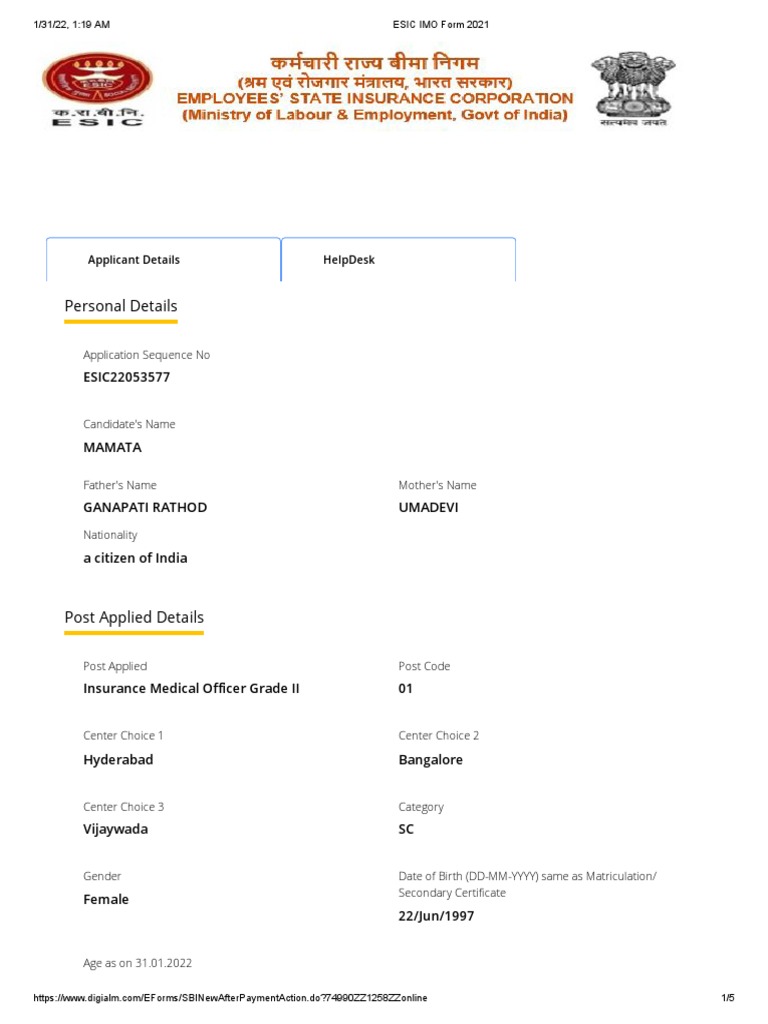 ESIC IMO Form 2021 MAMTA | PDF