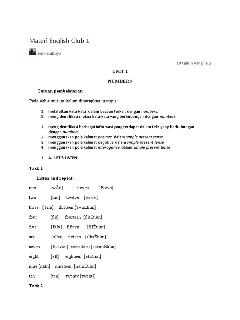Materi English Club 1: Unit 1 Numbers Tujuan Pembelajaran | PDF ...