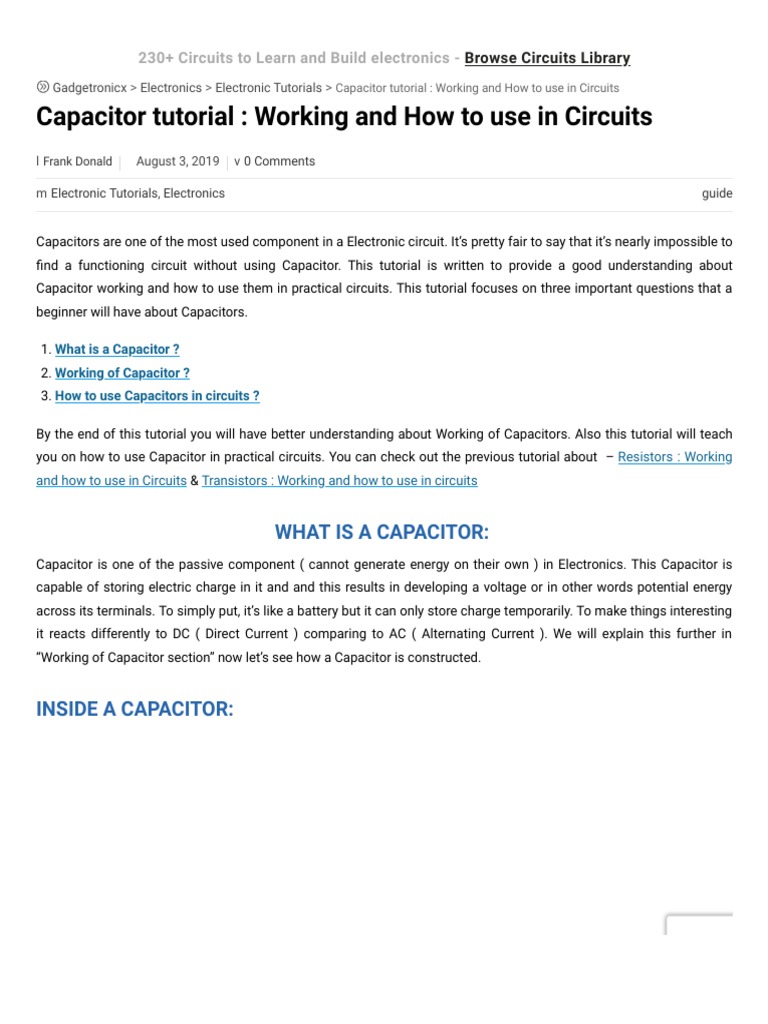 Capacitor Tutorial - Working and How To Use in Circuits - Gadgetronicx | PDF | Capacitor ...