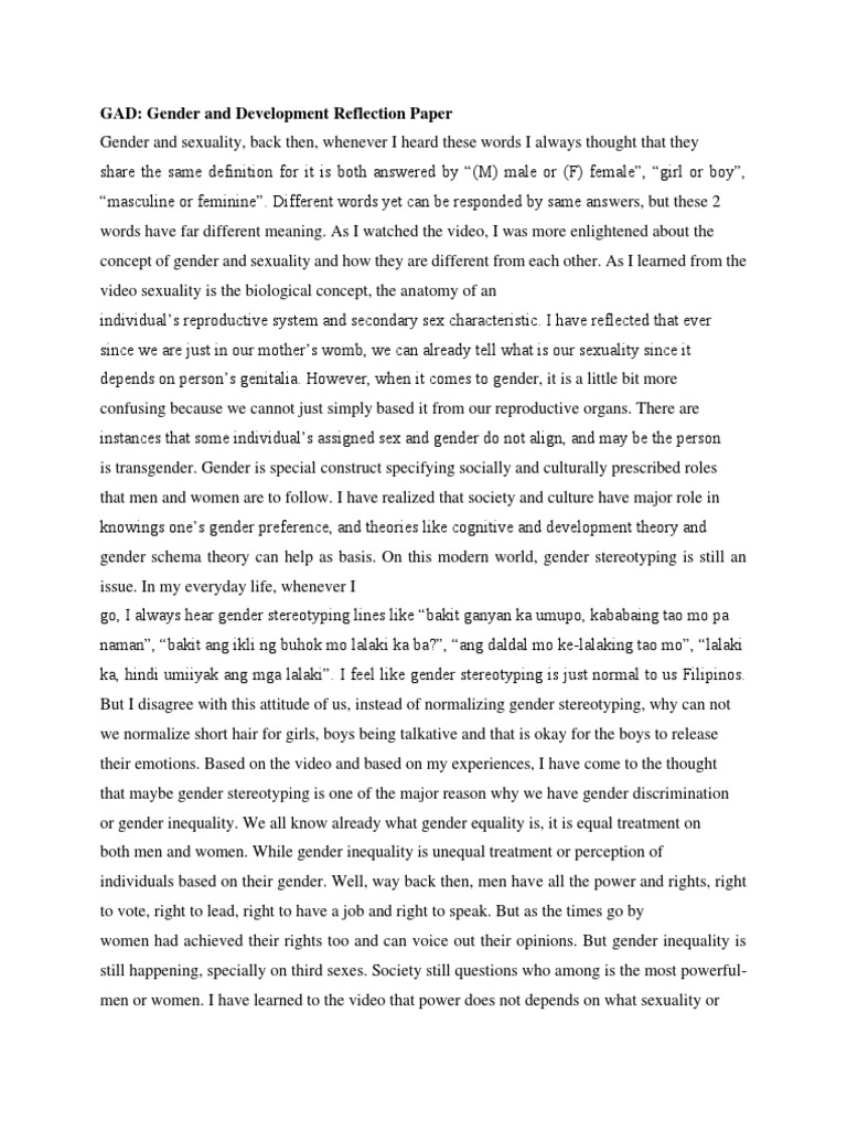 Reflection Paper of Gender and Development | PDF | Gender | Gender Studies