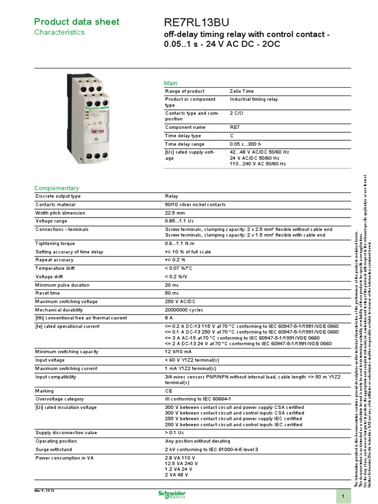 RE7RL13BU OFF DELAY Timing Relay Datasheet | PDF | Relay | Power Supply
