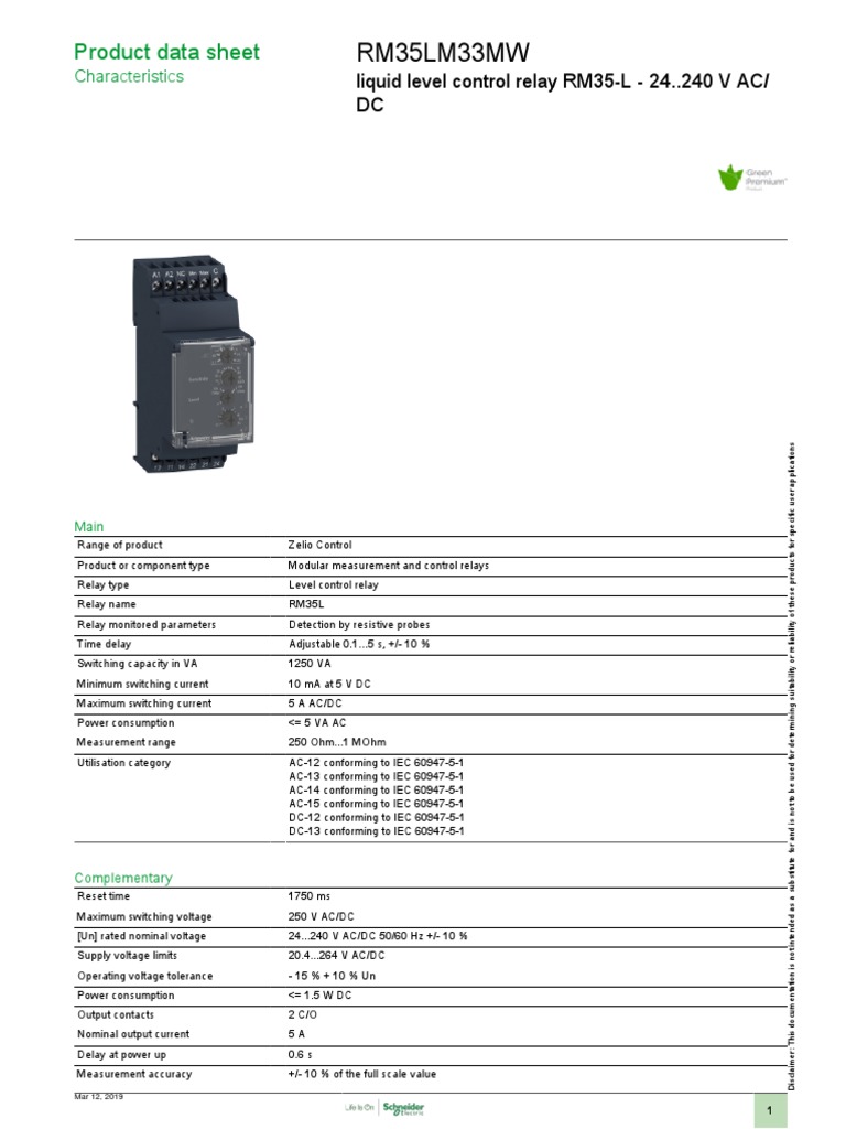 Zelio Control Relays RM35LM33MW Datasheet | PDF | Relay | Alternating Current