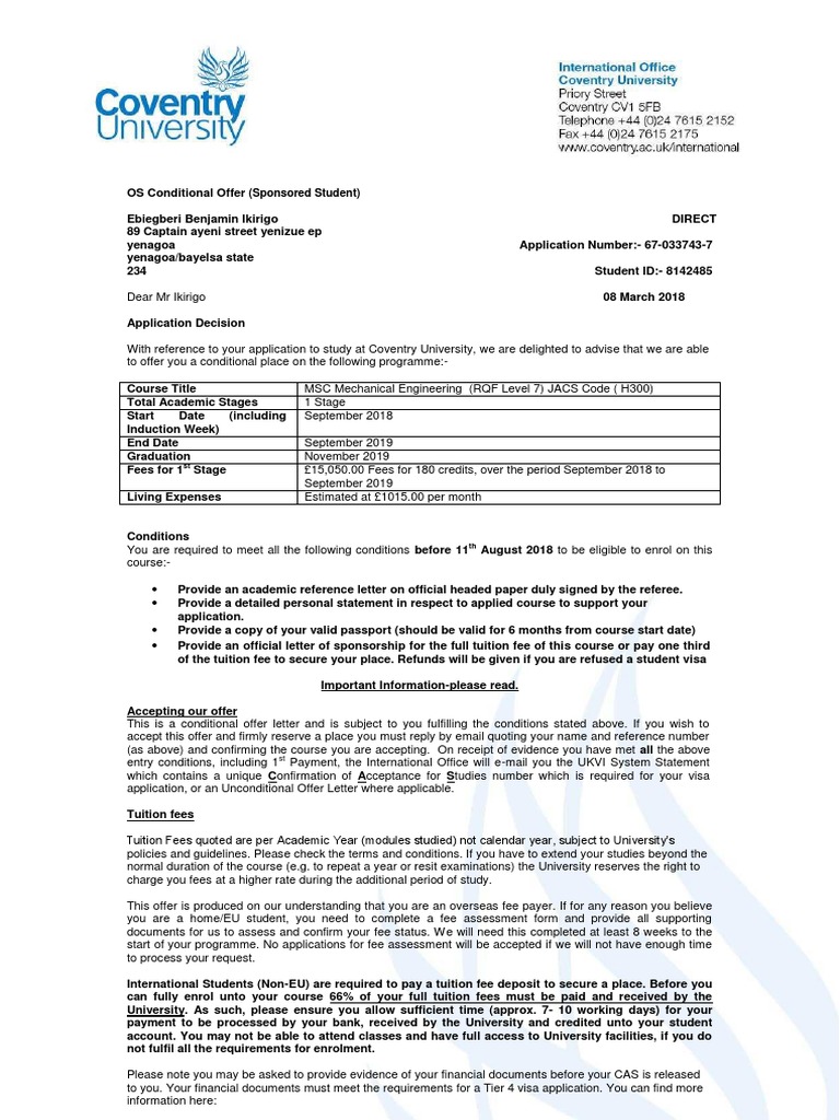 OS Conditional Offer Sponsored Student | PDF | Payments | Fee