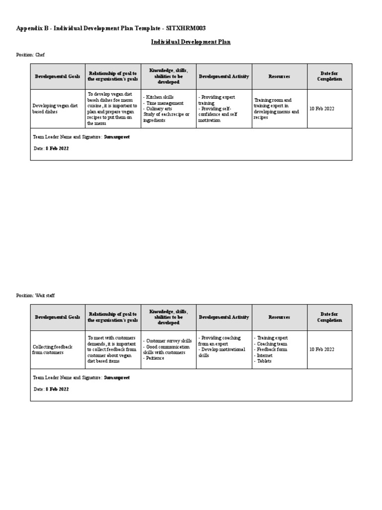 Appendix B - Individual Development Plan Template - SITXHRM003 | PDF ...