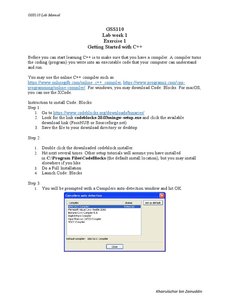 GSS110 Lab Week 1 Exercise 1 Getting Started With C++: Programming/online-Compiler | PDF