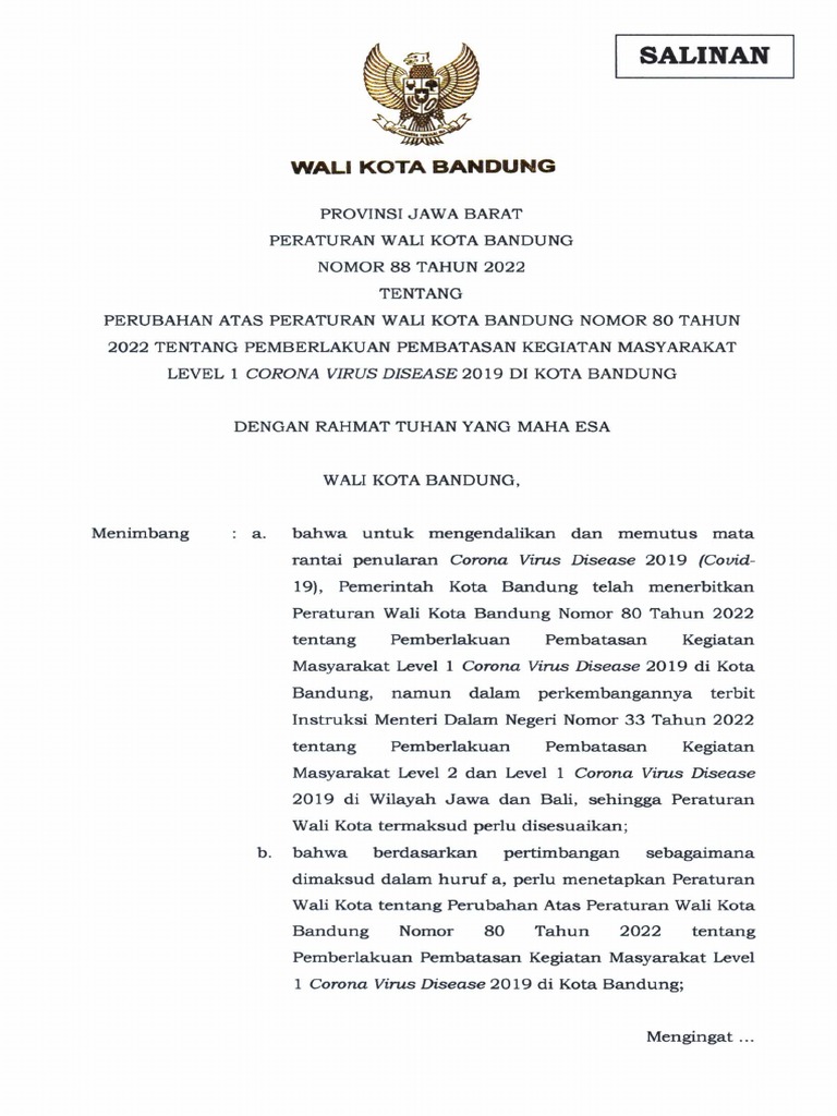Salinan Perwal No 88 TH 2022 TTG Perubahan PPKM Level 1 Covid-19 Di ...