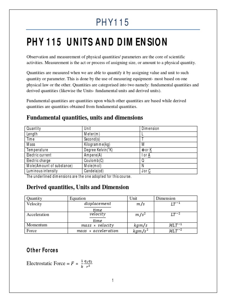 Phy 115 Units and Dimension | PDF | Euclidean Vector | Velocity