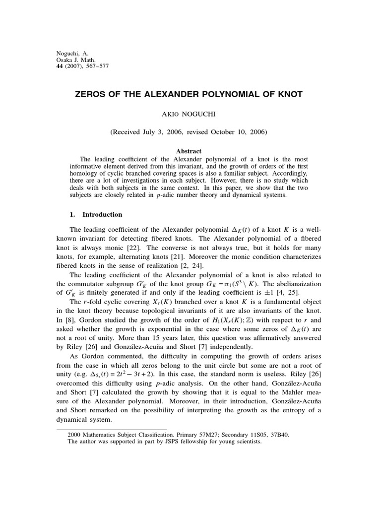 Zeros of The Alexander Polynomial of Knot - Akio Noguchi | PDF ...