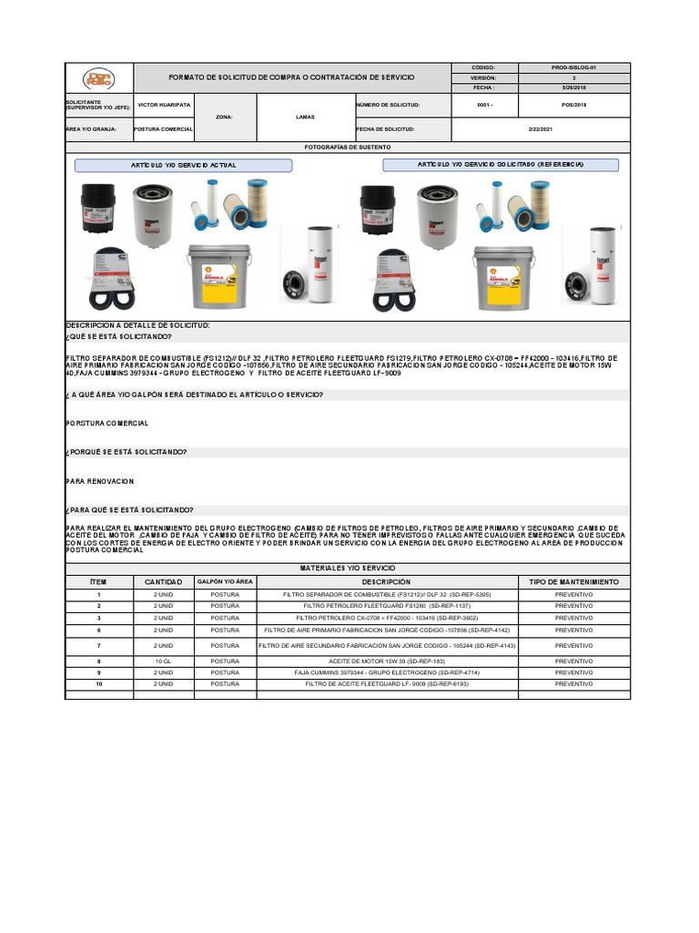 Req Materiales para Mantenimiento Del Grupo Electrogeno - Postura | PDF | Vehículos