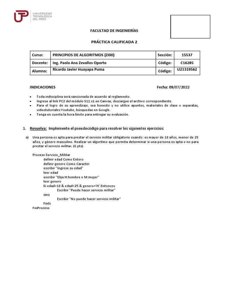 2020 - PC2 - B-1 Solución Principio de Algoritmos | PDF | Algoritmos | Servicio militar