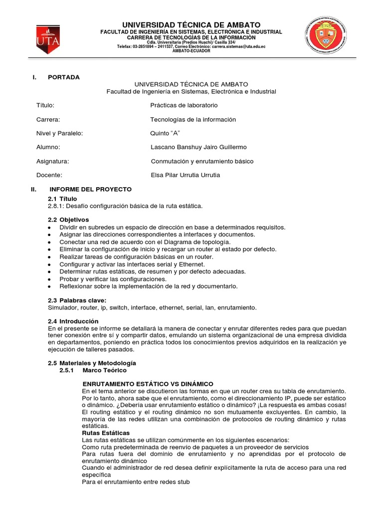 Informe Practica 2.8.2 Desafio Configuracion Basica Ruta Estatica | PDF | Enrutador (Computación ...