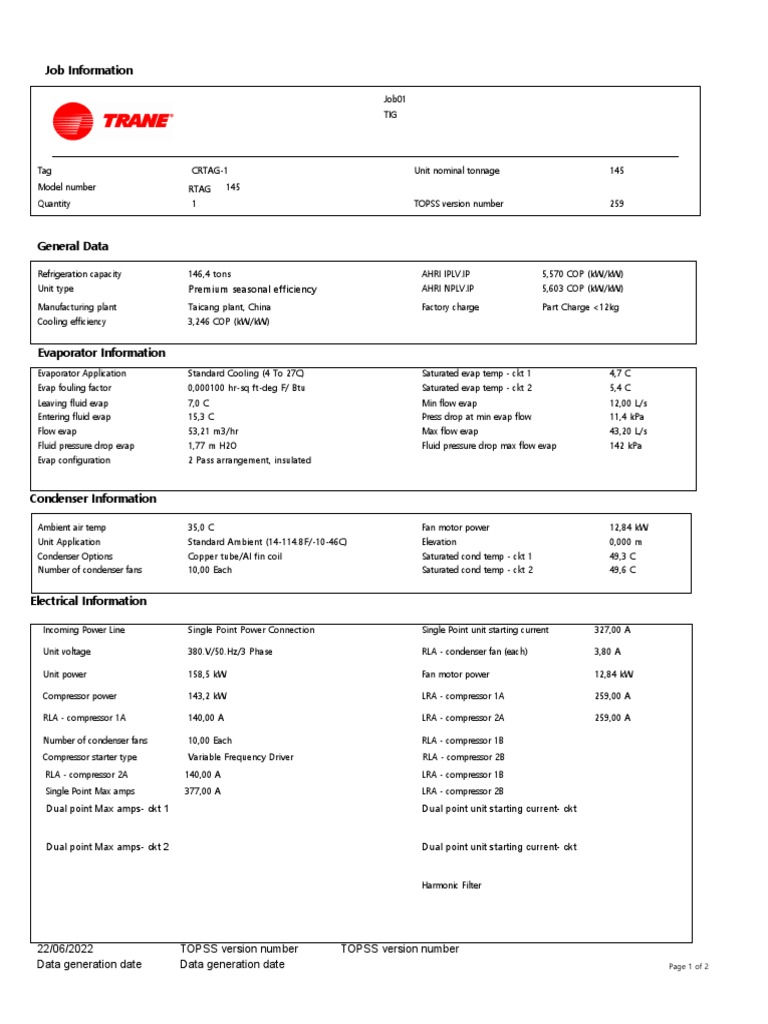 145 Ton RTAG Chiller Specifications | PDF | Electricity | Manufactured ...