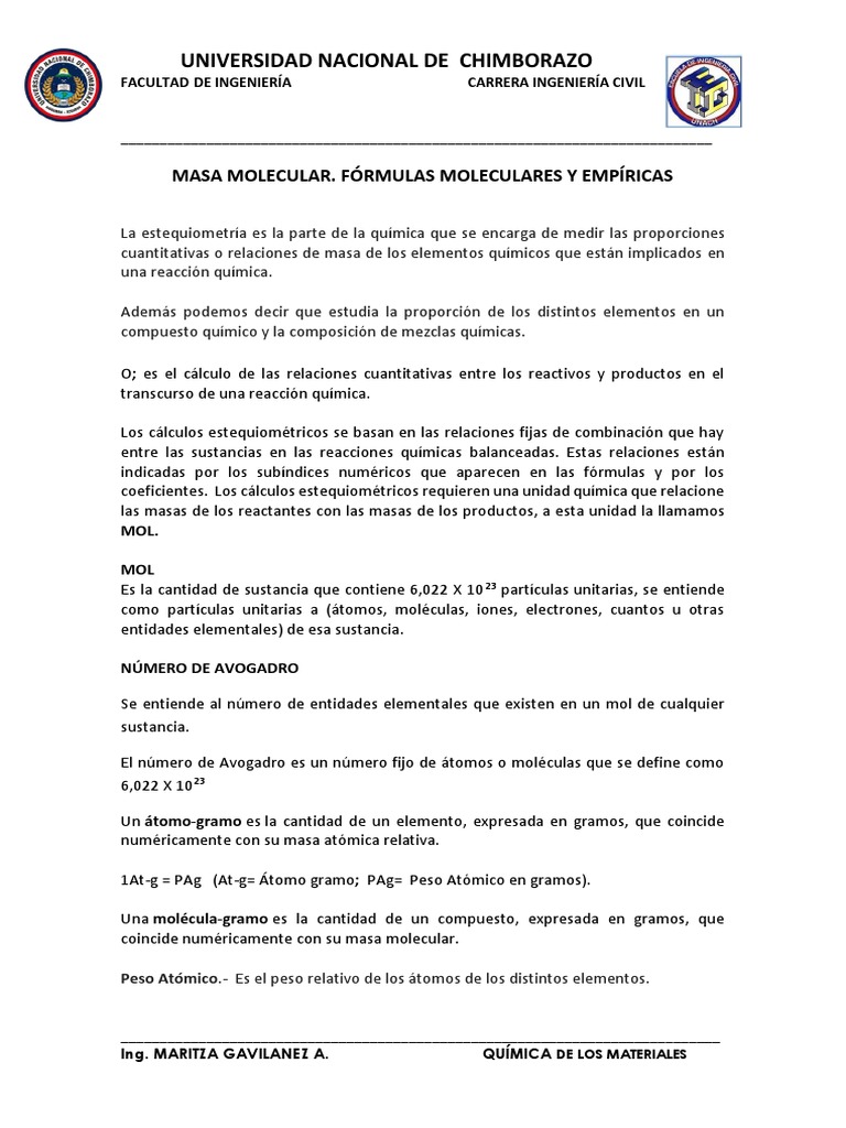 Masa Molecular. Fórmulas Moleculares y Empíricas | PDF | Mole (Unidad ...