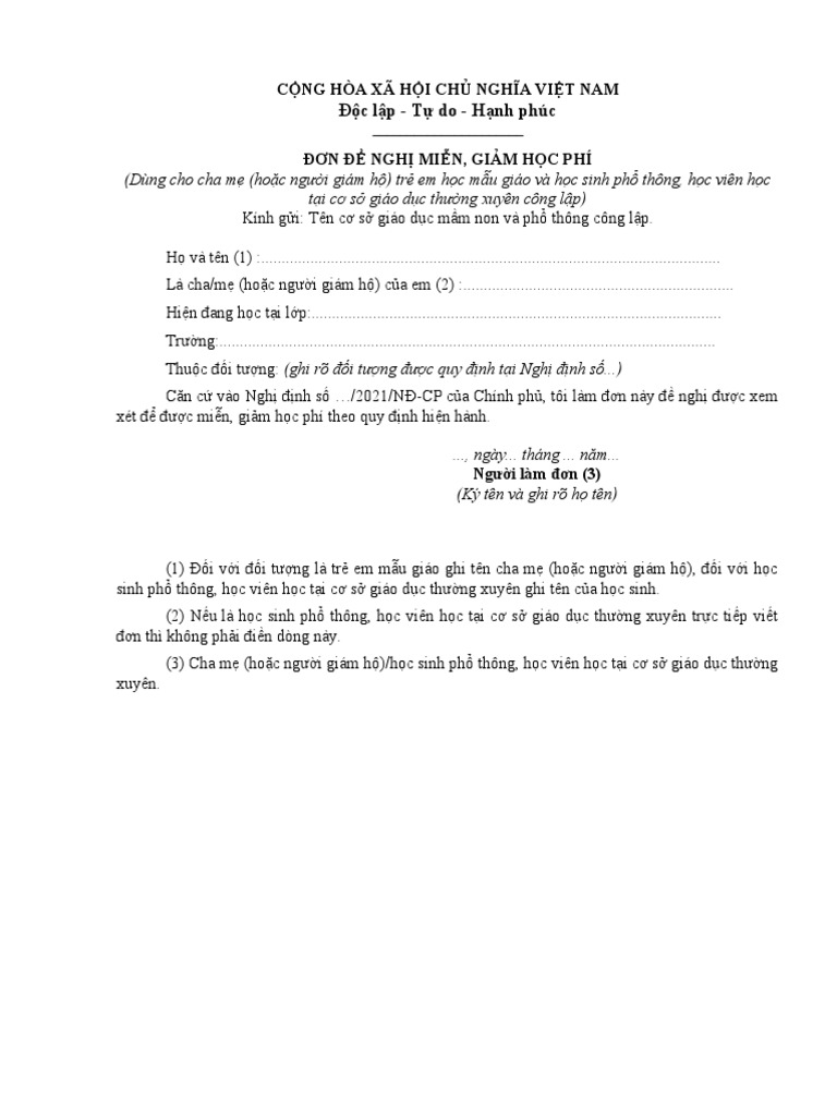 Don Xin Mien Giam Hoc Phi Hoc Sinh - 3108164805 | PDF