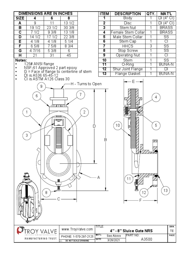 Sluice Gate NRS 4 To 8 IN DRAWING | PDF | Mechanical Engineering | Plumbing