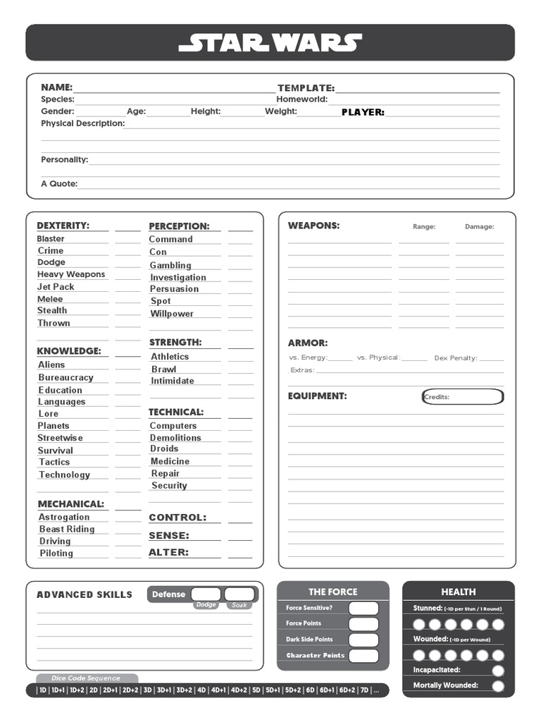 Character Sheet D6 SW - REUP Homebrew | PDF | Ships | Fire Control System