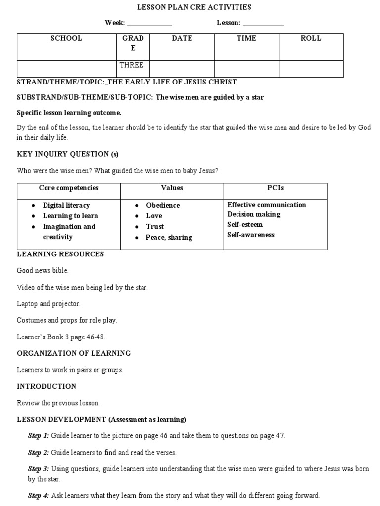 91 The Early Life of Jesus Christ Lesson Plans Grade 3 Cre Word Format ...
