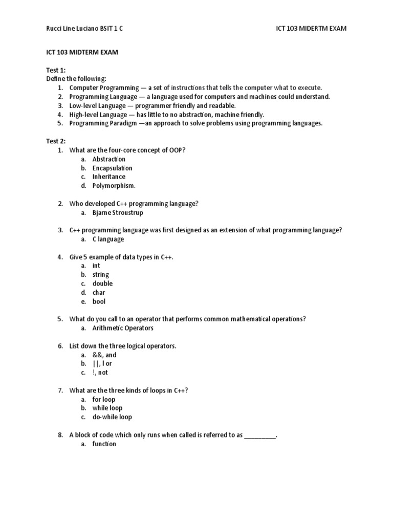 Ict 103 Midterm Exam Test 1:: of Instructions That Tells The Computer ...
